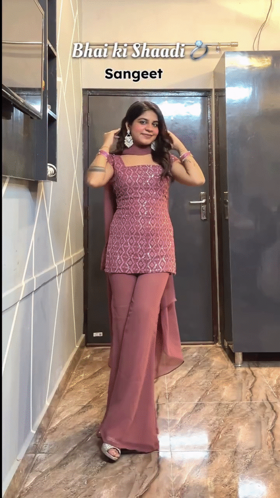 Dusty Rose Sequin Embroidered Peplum Kurti with Stylish Flared Pants ...